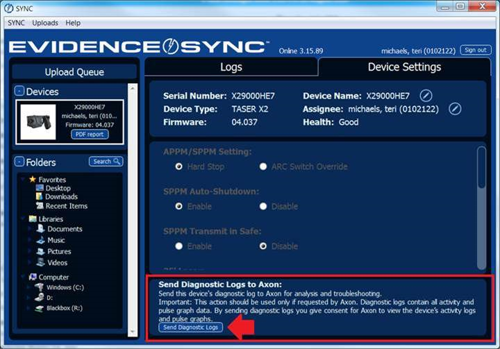 Sending X2 and X26P CEW Diagnostic Logs to Axon