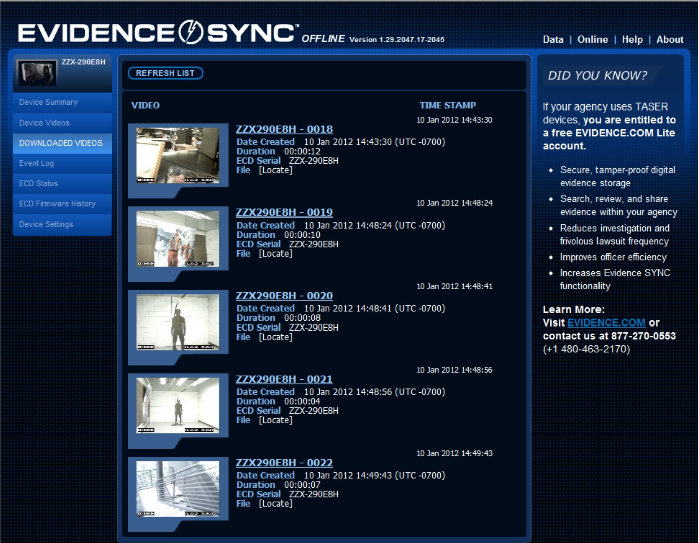 Reviewing videos and uploading with Evidence Sync