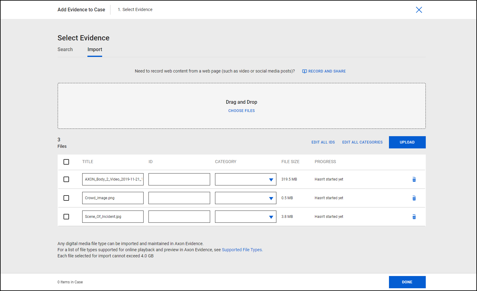 Add or Import Evidence to a Case