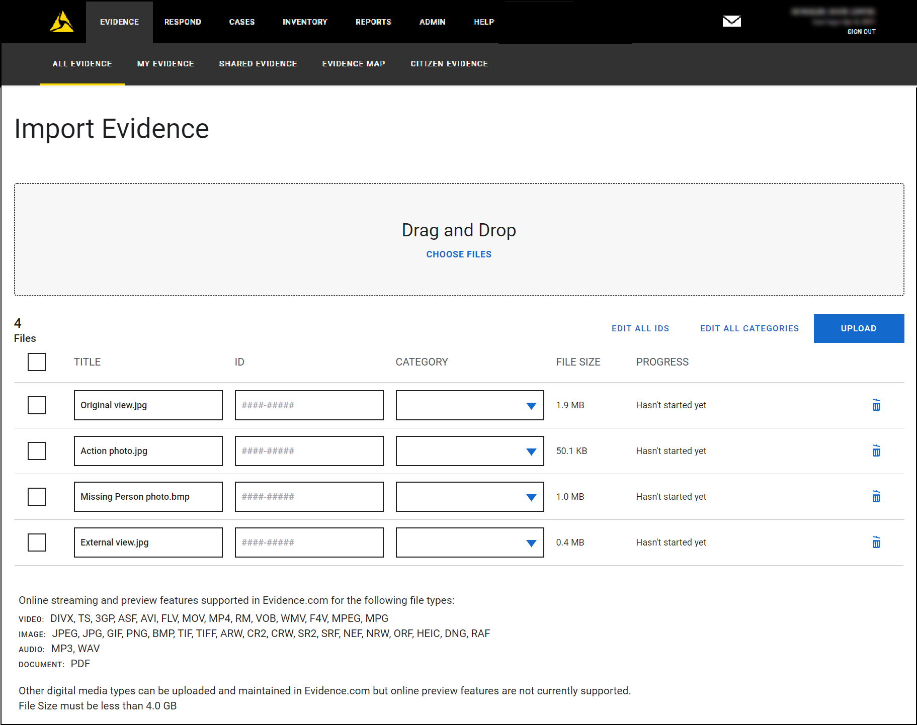 Importing evidence