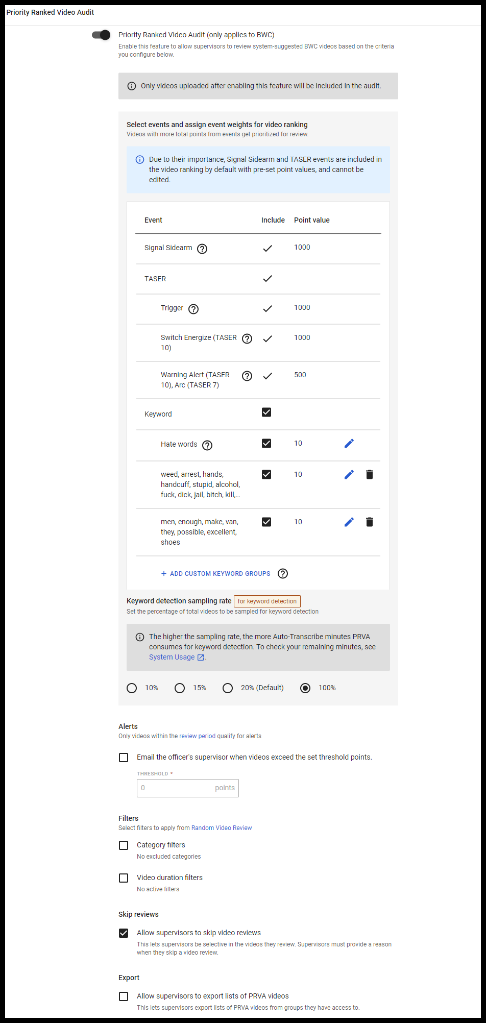 Priority Ranked Video Audit Settings in Axon Performance