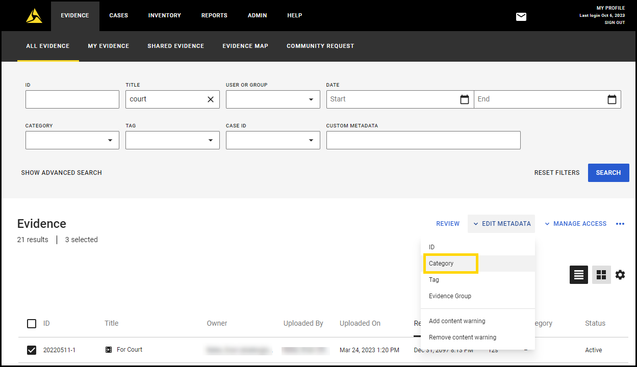 Adding a Category to Evidence in a Case