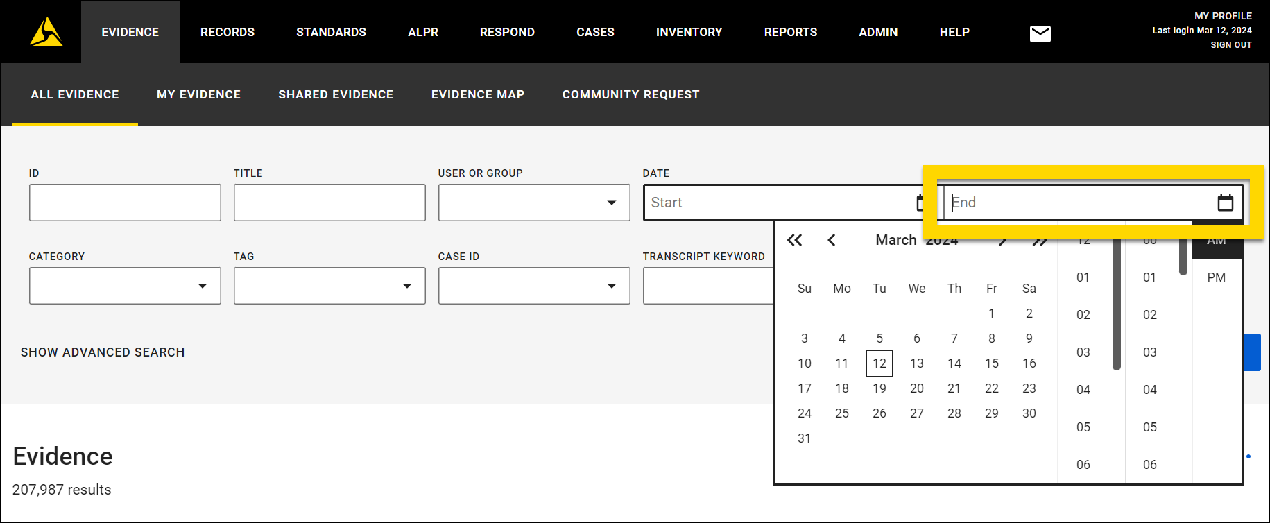 Set evidence category start date - Axon app