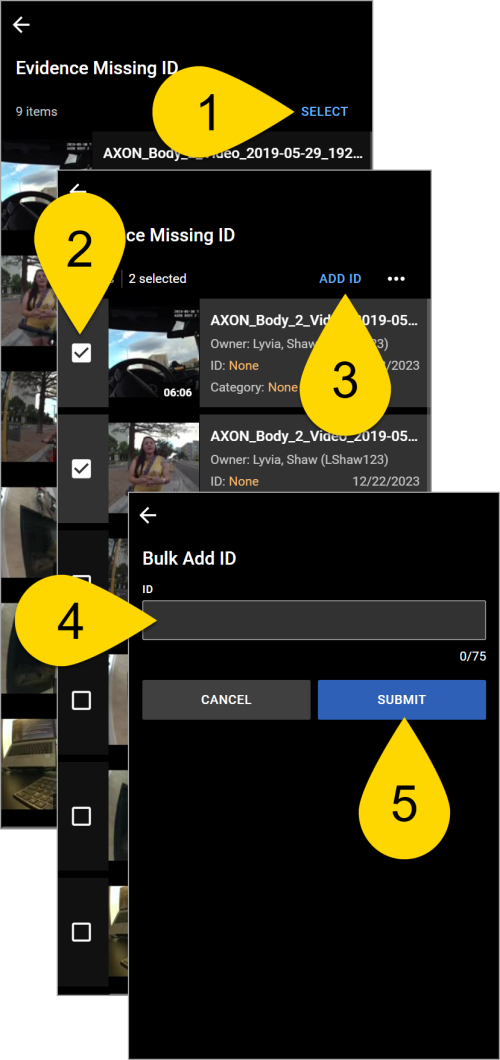 Add missing Evidence ID and category - Axon app