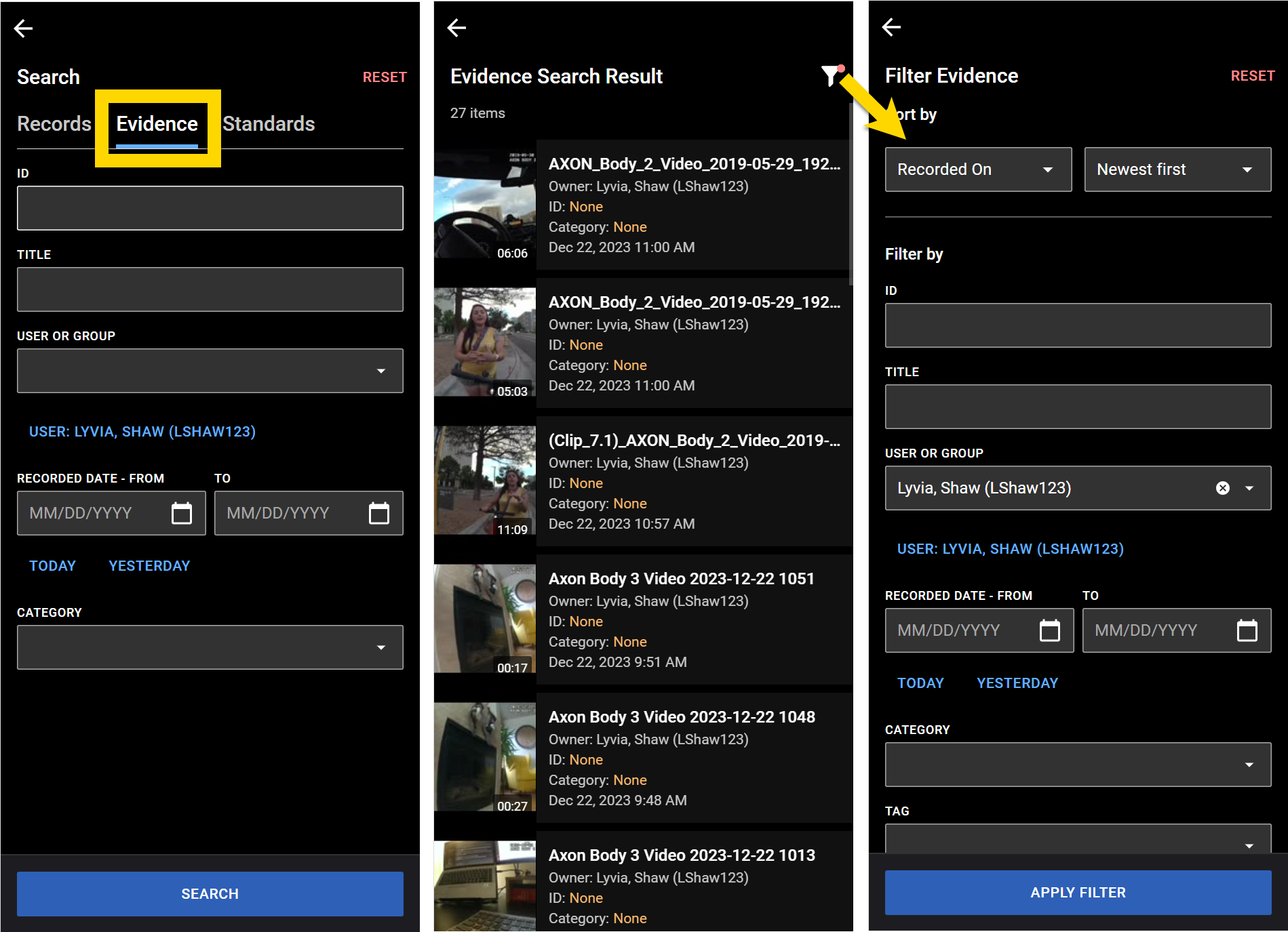 Evidence search - Axon app