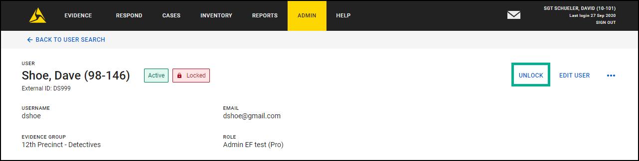Unlocking a user account - Justice