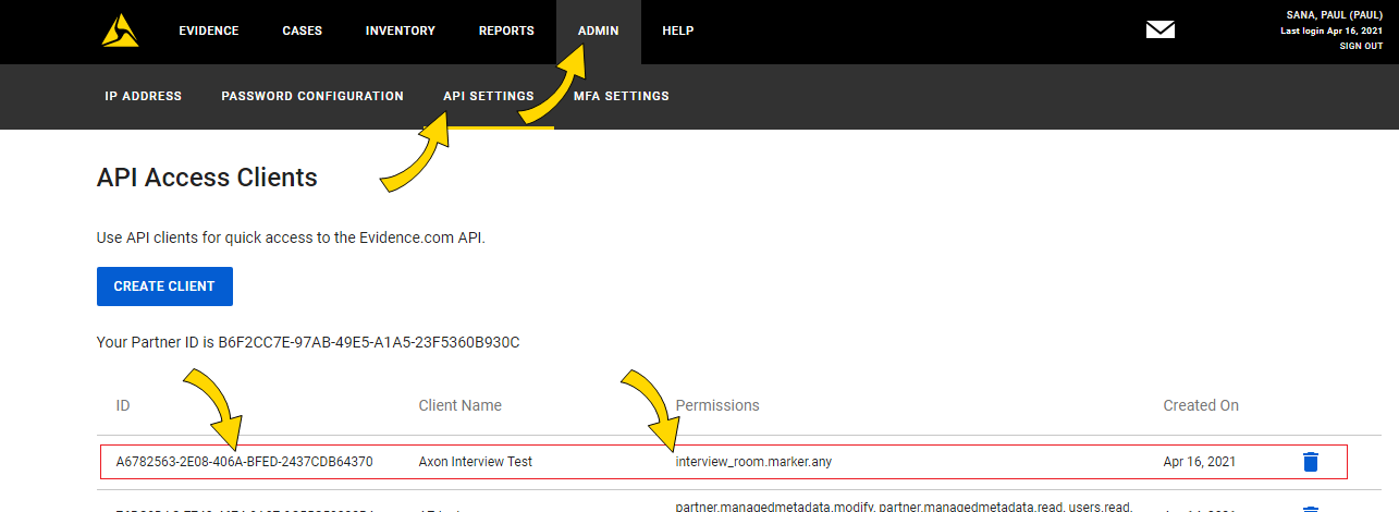 Create partner Axon Evidence API - IVv1