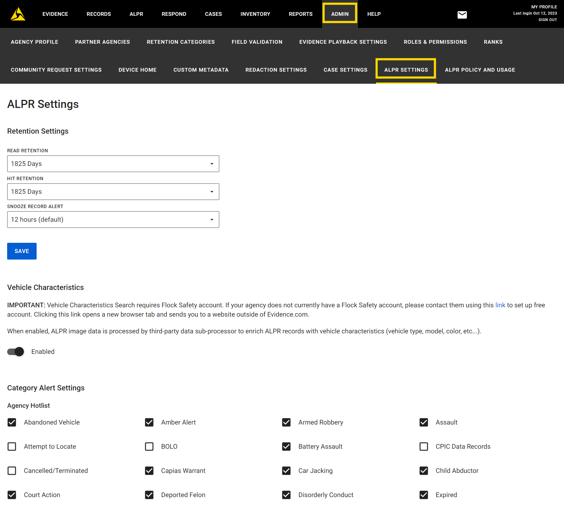 Admin settings - ALPR
