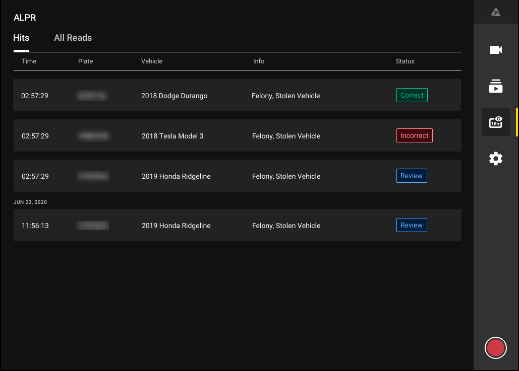 Dashboard hit reviews - ALPR