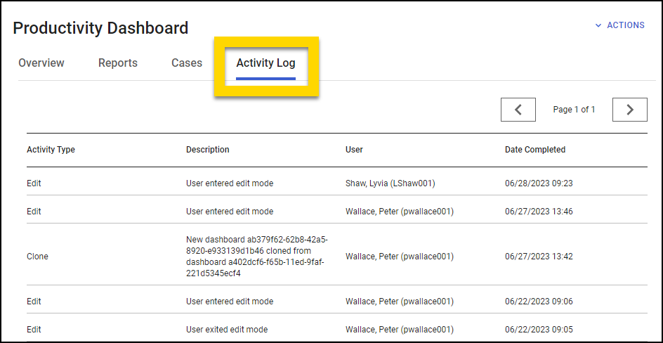 Dashboard Activity Log - Axon Standards