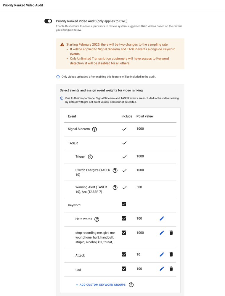 Priority Ranked Video Audit Settings in Axon Performance