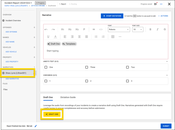 Generate a narrative draft with Draft One in Axon Records