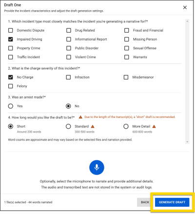 Generate a narrative draft with Draft One in Axon Evidence