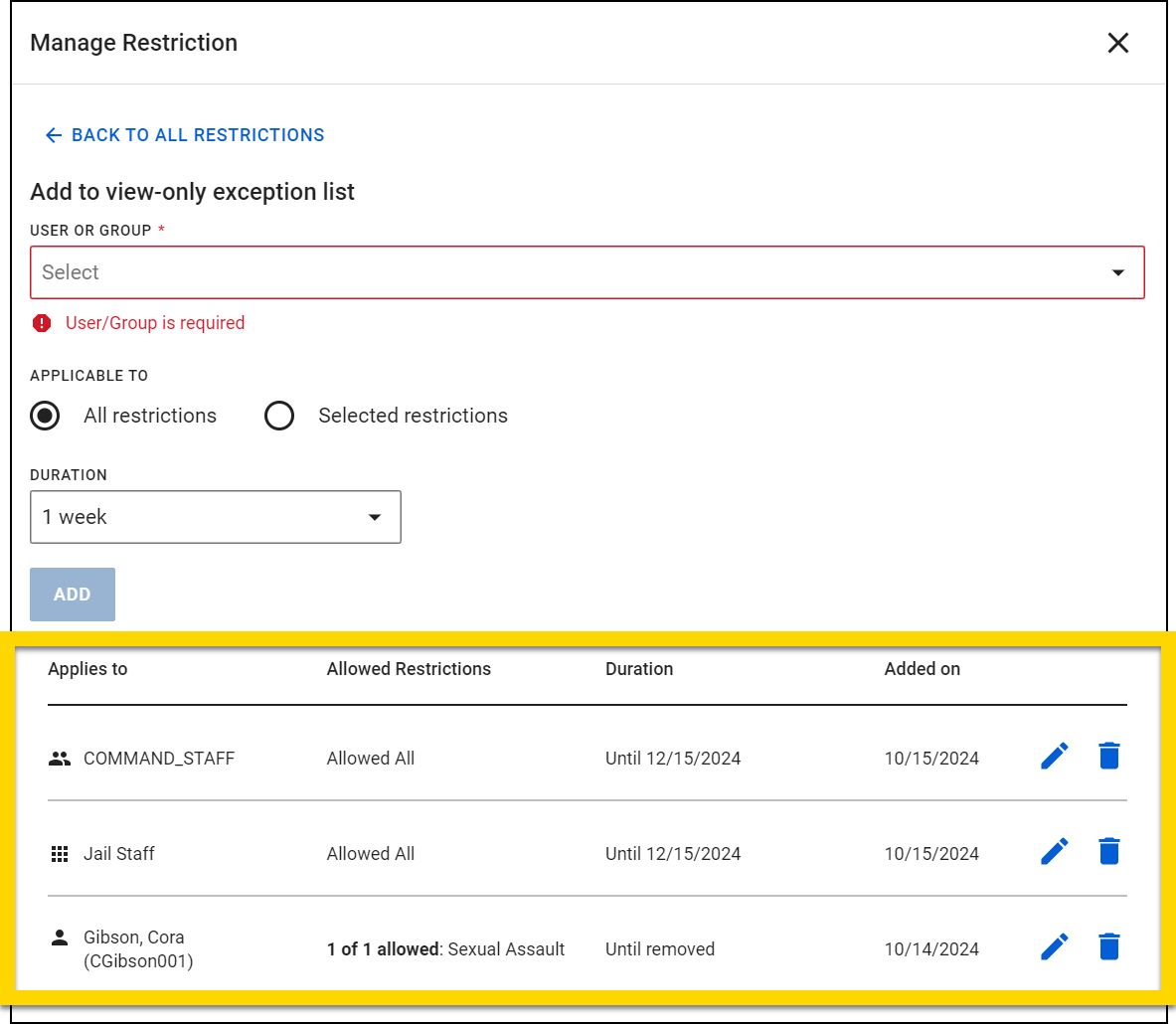 Manage Restriction Exceptions - Axon Standards