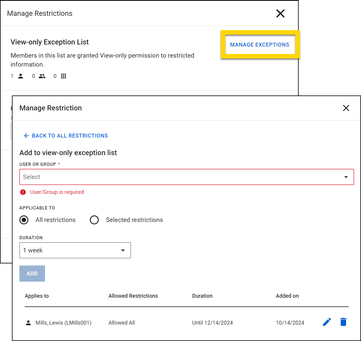 Manage Restriction Exceptions - Axon Standards