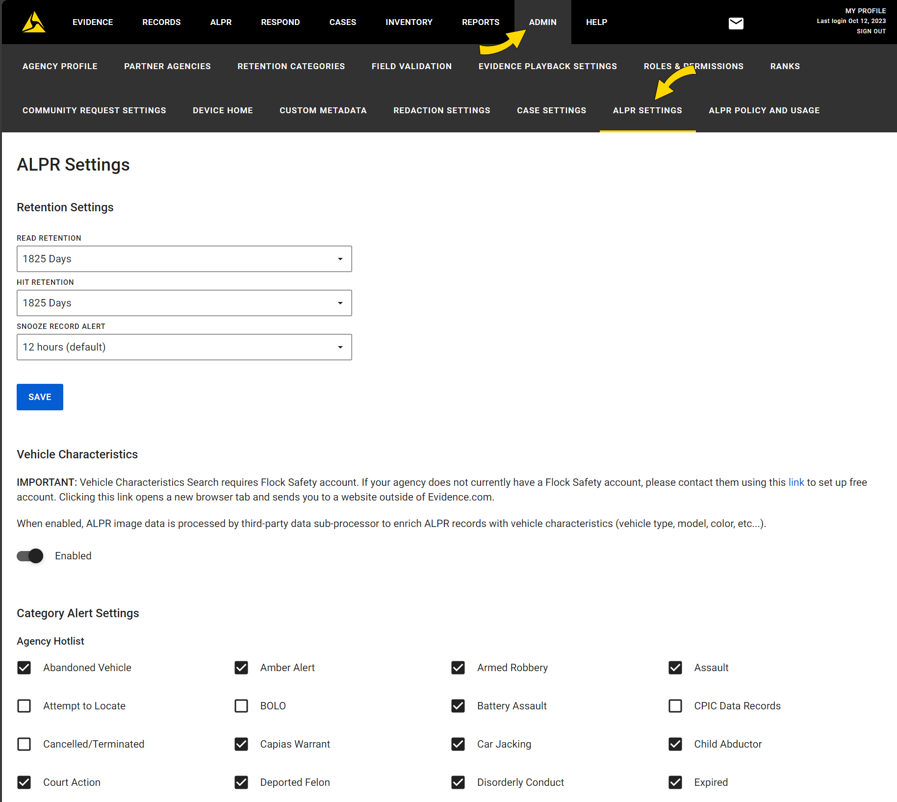 Admin settings - ALPR