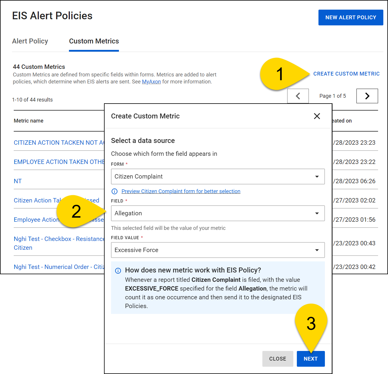 Manage EIS Custom Metrics - Axon Standards